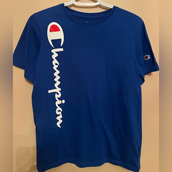 Champion | Shirts | Champion Side Script Logo Tshirt Blue | Poshmark
